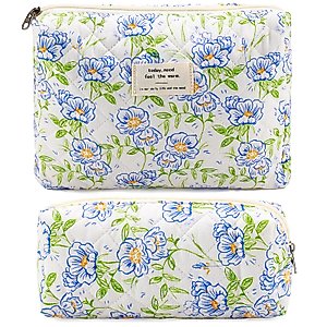 Quilted Cotton Cosmetic Bag 2Pcs Coquette Makeup Bag Travel Makeup Bag for Women Large Makeup Pouch Aesthetic Floral Cosmetic Pouch Toiletry Bag for Women Gift for Lover Daughter Sister Mom