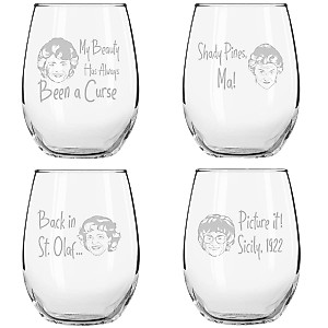 DU VINO Golden Girls Inspired Stemless Wine Glass Set of 4 (15 oz)- USA MADE-Funny Novelty Glasses for Party, Event, Girls Night-Gift For Mom, Women Best Friend- Fun Drinking for Bachelorette Parties