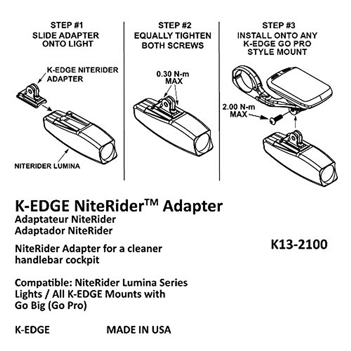 K-Edge Niterider Light Adapter Gunmetal, One Size