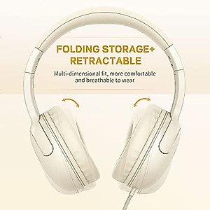 LORELEI E5 Wired Headphones for Kids Foldable & 3.5mm Jack Tangle Free Nylon Wire Stereo On Ear Headsets for Kids/Children/School/Tablet/Ipad/Kiddle/Plane (Beige White)