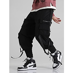 Verdusa Men's Flap Pocket Drawstring Elastic Waist Street Cargo Pants Joggers Black M