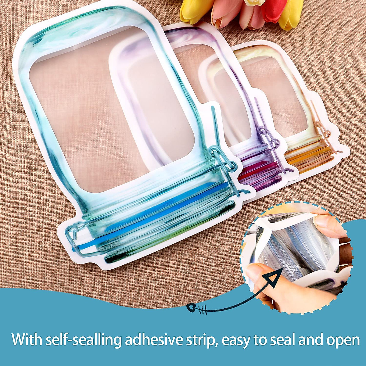 KESTAR 30 Pcs Mason Jar Zipper Bags, Spice Storage Bags, Reusable Food Saver Storage Bags Snacks Zipper Sealed Bags Fresh Bags with 30 PCS Labels for Travel Camping Picnic (Style01 30 PCS)