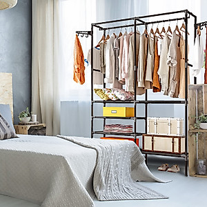 Clewiltess Garment Freestanding Clothes Organizer Closet, Metal Hanging Storage Organizer Rack Wardrobe with Shelves& Hanging Rods,Clothes Hanger Organizer (Black)