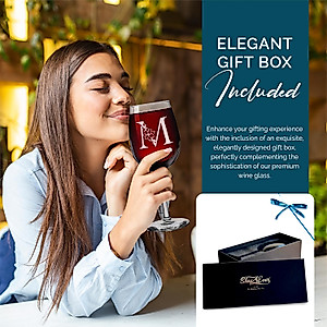 Floral Monogram Engraved Initial Stemmed Wine Glass with Flower 16 oz. Personalized Custom Drinking Gift for Women, Men, Birthday, Special Occasions (M)