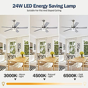 Chriari 52 Inch Ceiling Fans with Lights Remote Control, Wood Low Profile Ceiling Fan with 5 Silver Blades Quiet Reversible DC Motor, Modern Ceiling Fan with 6 Speeds, Dimmable LED Light, Smart Timing