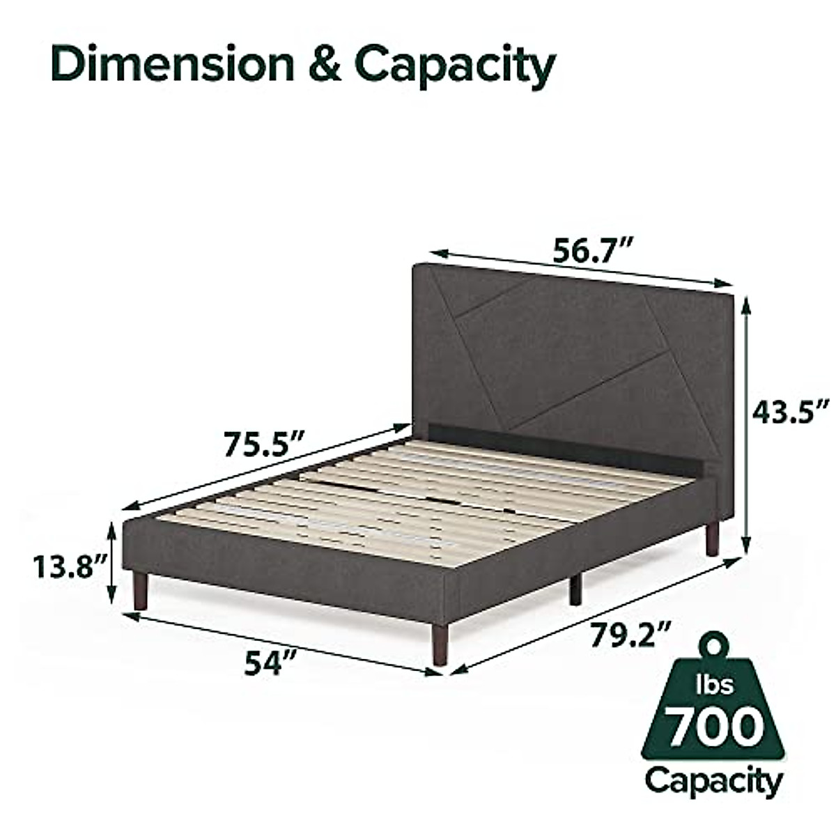 ZINUS Judy Upholstered Platform Bed Frame / Mattress Foundation / Wood Slat Support / No Box Spring Needed / Easy Assembly, Full Grey