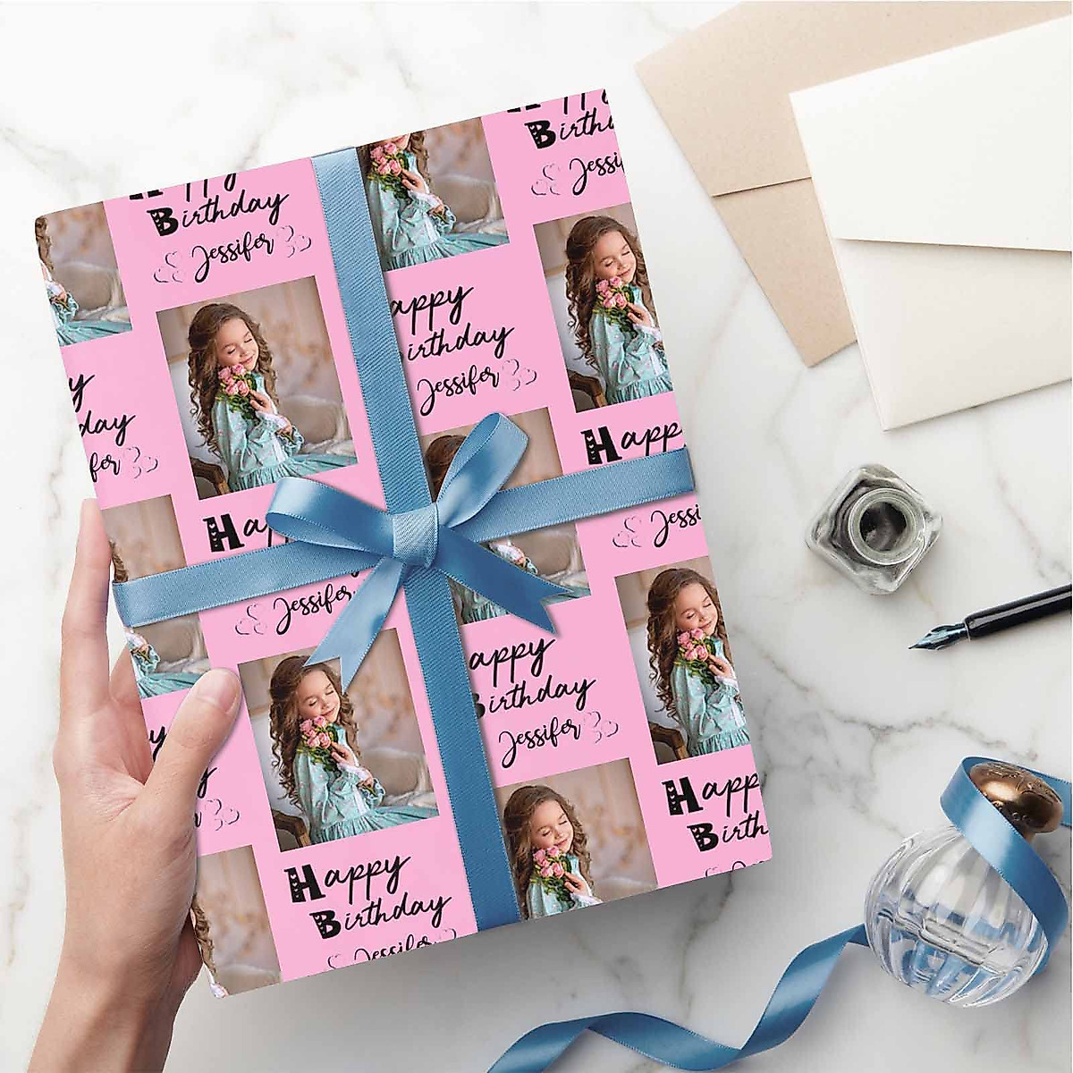 MyPupSocks Personalized Photo Wrapping Paper, Happy Birthday with Name Photo Pink Custom Gift Wrapping Paper with Picture for Teens Women Men Mom Dad Birthday Wedding Anniversary 58x23 2 Rolls