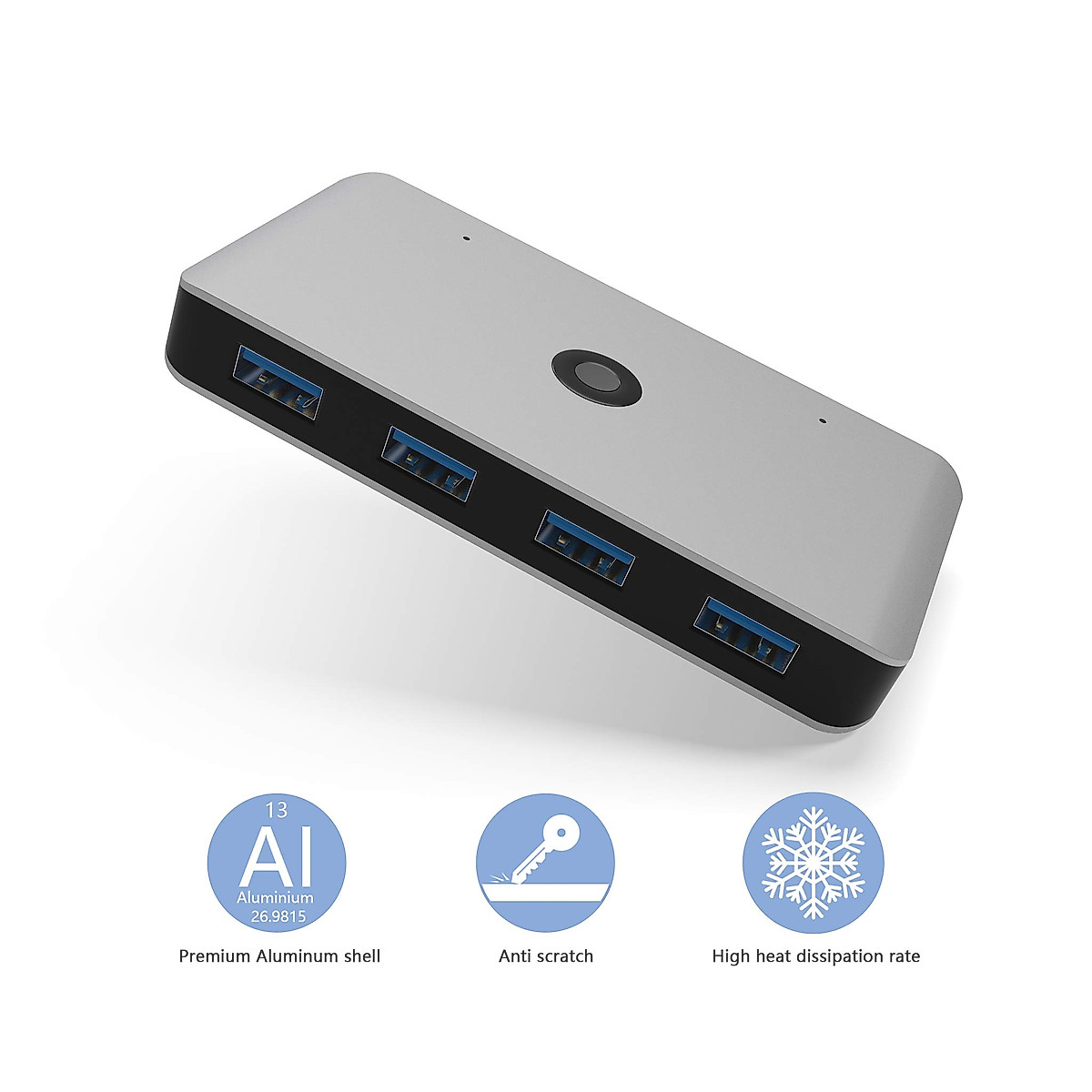 Cateck USB 3.0 Aluminum Sharing Switch Selector 4 Port 2 Computers Peripheral Switcher Adapter Hub for PC, Printer, Scanner, Mouse, Keyboard with One Button Swapping and 2 Pack USB 3.0 Male Cable