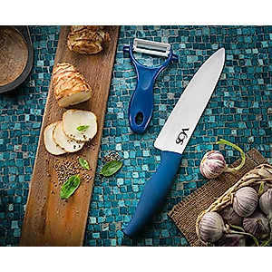 Vos Ceramic Knife Set, Ceramic Knives Set For Kitchen, Ceramic Kitchen Knives With Peeler, Ceramic Paring Knife 4", 5", 6", 7", 8" Inch Blue
