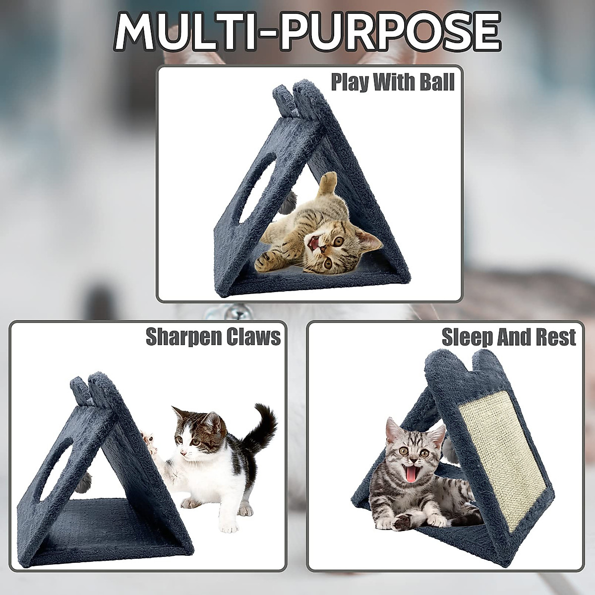 Fhiny Triangle Cat Scratching Post, Natural Sisal Cat Standing Scratch Board with Hanging Plush Ball Toy Pet Cave Nest Indoor Cats Pads Activity Center for Keeping Away from Furniture