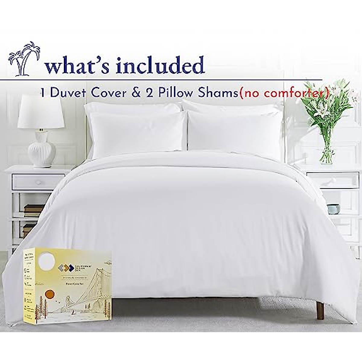 California Design Den Duvet Cover, Queen Size 400 Thread Count Sateen 3 Piece Bedding Set, 100% Pure Cotton Comforter Cover, Two Pillow Shams, Button Closure, Corner Ties, Bright White