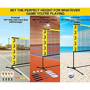 VSSAL 10FT Portable All-in-One Badminton, Pickleball and Volleyball Net Set Half Court (10ft Wide x 7ft max Height) Small Outdoor Sports Set with Adjustable Net for Backyards Beach or Driveway Games