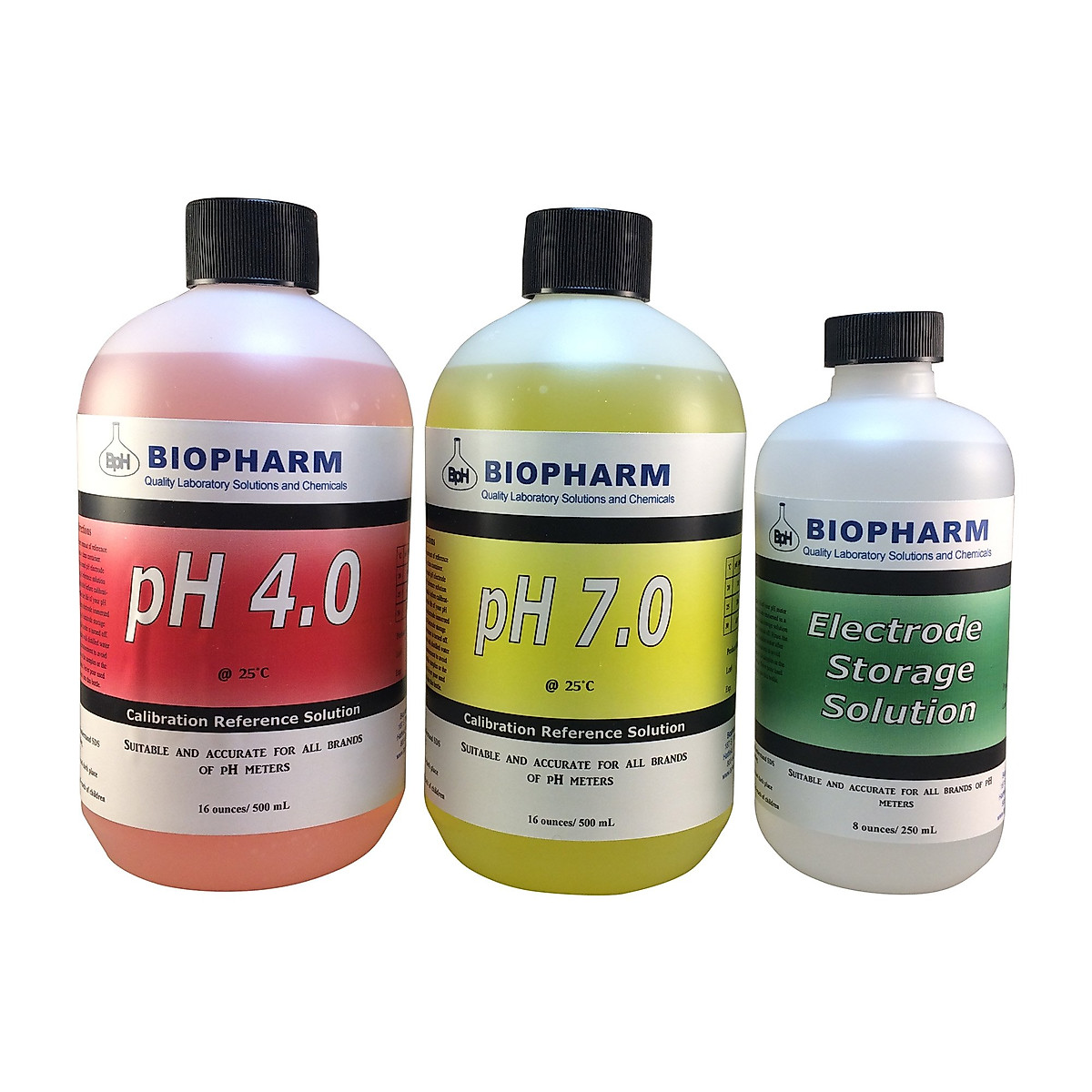 pH Buffer Calibration Kit 3-Pack: one 500 mL (1.06 Pint) Bottle of pH 4.00 Buffer, one 500 mL (1.06 Pint) Bottle of pH 7.00 Buffer, and one 250 mL (8.4 fl oz) Bottle of Electrode Storage Solution