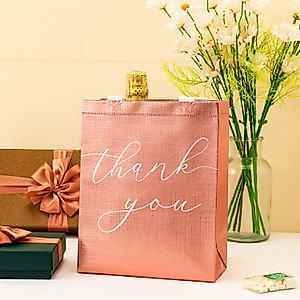 Crisky Reuseable Rose Gold Thank You Gift Bags for Business Wedding Party, 25 Counts Medium Size Eco-Friendly Non-Woven Treat Party Favor Bags, 11x4x9 Inches