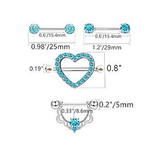 IrbingNii Nipple Rings Blue Heart Nipple Piercings Tongue Ring Body Piercing Jewelry for Women 14G Stainless Steel 4 Pairs/lot