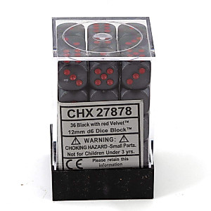 Chessex Dice d6 Sets: Velvet Black with Red - 12mm Six Sided Die (36) Block of Dice
