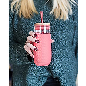 Ello Devon Glass Tumbler with Splash Proof Wooden Lid and Straw, Protective No Sweat Silicone Sleeve, Perfect for Smoothies and Iced Coffee, BPA Free, Dishwasher Safe, Multicolor, 18oz