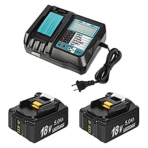 2 Pack 18V 5000mAh Lithium-ion Replacement Battery for Makita and 14.4V-18V Replacement Charger for Makita BL1830 BL1850 BL1840