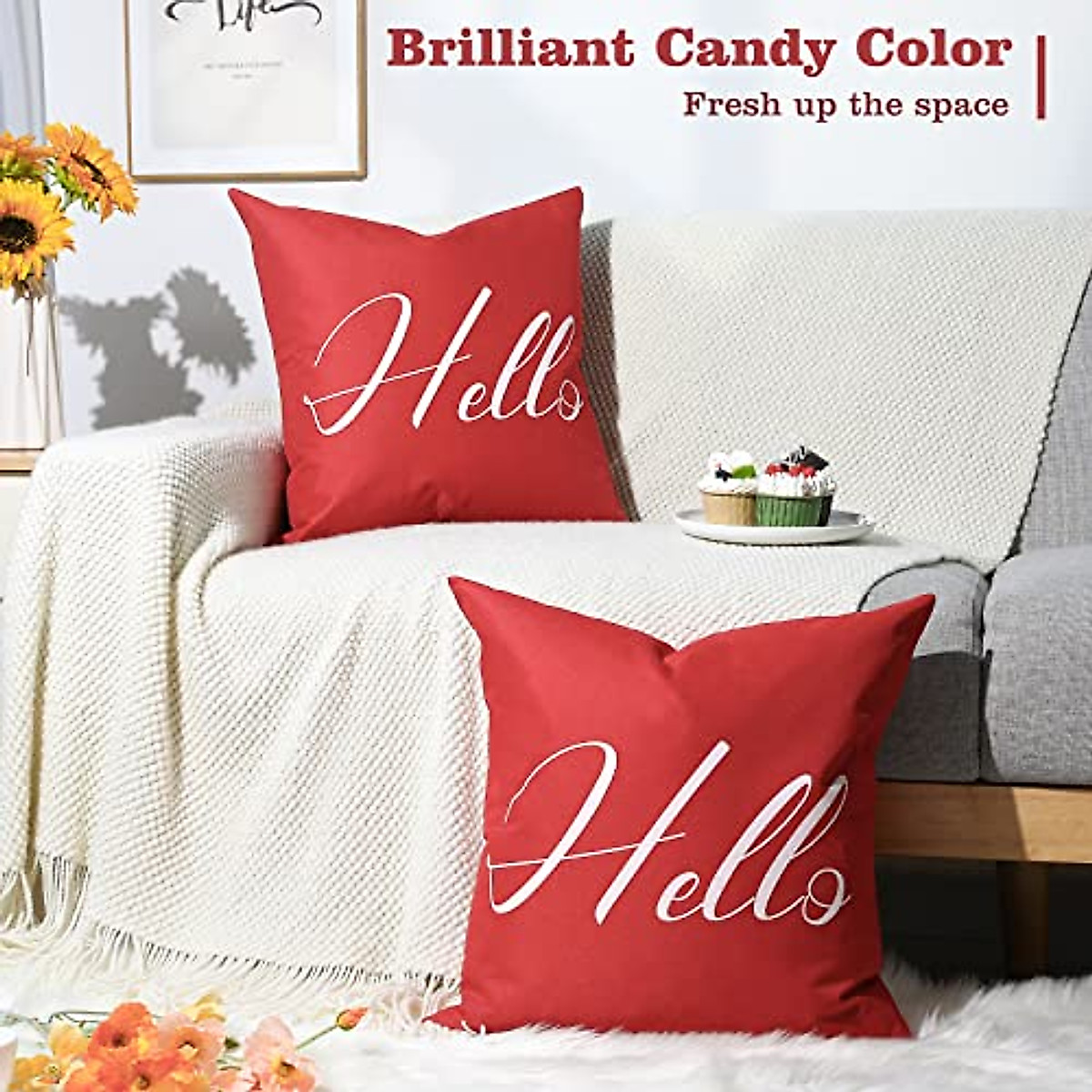 MoKo 2-Pack Waterproof Outdoor Pillow Cover 18x18, Decorative Patio Garden Throw Pillow Cases with Quotes Hello, Square Cushion Covers for Backyard Sofa Couch Tent, 45 x 45 cm, Red