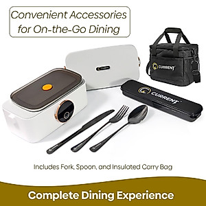 CURRENT Heated Electric Lunch Box, 60w 1L Capacity - Cordless Portable Lunch Box for Office, Car, and Outdoor Use - 158°F Heat, BPA Free Heated Lunch Box - Includes Insulated Bag and Black Cutlery Set