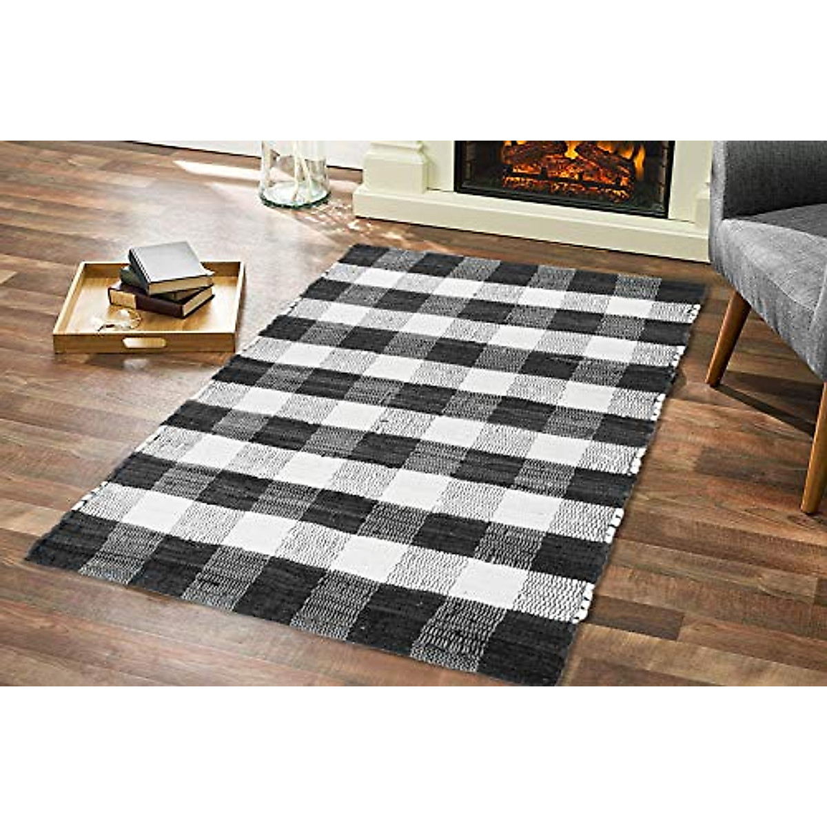 GLAMBURG Cotton Buffalo Check Plaid Rugs Washable, Handwoven Checkered Rug Welcome Door Mat 22x34 Rug for Kitchen Bathroom Outdoor Porch Laundry Living Room, Farmhouse Reversible Rag Rug Black White