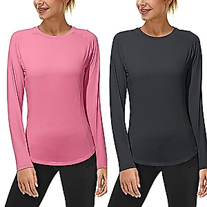 (Size:XL) 2 Pack Womens Long Sleeve UV Sun Shirts UPF 50+ Workout Swim Rash Guard Tops