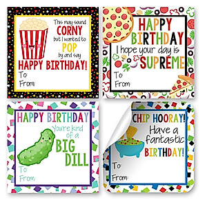 Happy Birthday Food & Animal Themed Gift Tag Stickers, Set of 24 2.5 X 2.5 Mixed Square Birthday Gift Labels by Amanda Creation