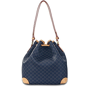 Rioni STA-20089 Designer Signature Navy Blue Canvas Leather Drawstring Bucket Bag Shoulder Bag