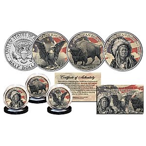 Native American Symbol JFK Half Dollar 3-Coin Set Black Eagle Indian Chief Bison