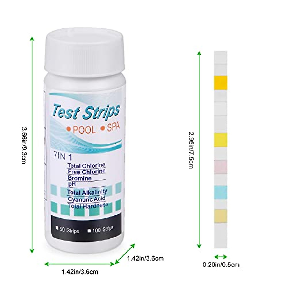 7 in 1 Pool and Spa Test Strips, 100PCS Swimming Pool Water Test Strip, Hot Tub Water Test Strips, Total Hardness, Total Chlorine, Bromine, Free Chlorine, PH, Cyanuric Acid & Total Alkalinity