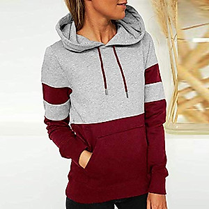 FraftO Womens Hoodie Top Spell Color Stripes Large Size Long Sleeve Sweatshirt Drawstring Pocket Simple Pullover Wine