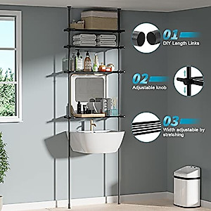 DYN Ptah Over The Toilet Storage Cabinet, 4-Tier Adjustable Over Toilet Bathroom Organizer,Metal Over Toilet Shelves Storage for Small Room, Saving Space, 65 to 116 Inch Tall, Black