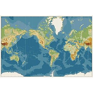 World Map Americas Centered Physical Elevations Map Travel World Map with Cities in Detail Map Posters for Wall Map Geographical Illustration Cool Wall Art Print Poster 24x36