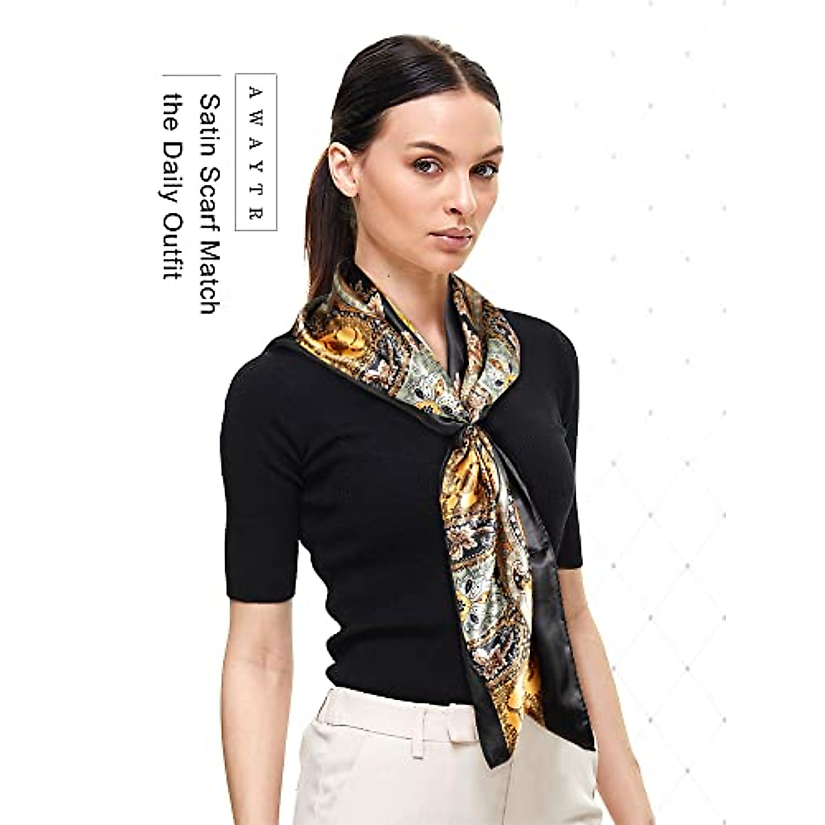 AWAYTR 35” Large Square Satin Head Scarf - 3Pcs Satin Hair Scarves Silk Bandana Scarf Beach Headscarf Silk Feeling Scarf for Women Hair Wrap Neck Scarf Cashew(Camel/Black/Beige)