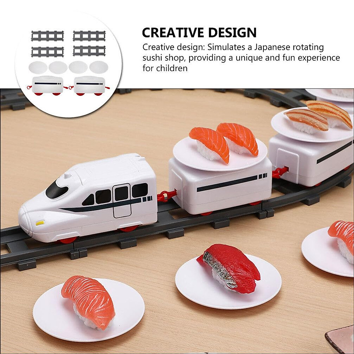 SAFIGLE Sushi Train Set Rotating Table Food Train Battery Powered Electric Train Toys Under Christmas Tree Train Track Rotating Sushi Bar at Home for Kids Boys Girls White