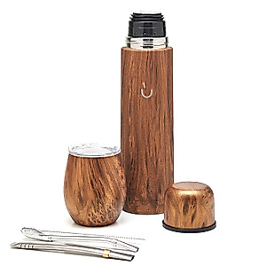 BALIBETOV Complete Yerba Mate Set - Modern Mate Gourd, Thermos, Bombilla and Cleaning Brush Included - All Premium Quality 304 18/8 Stainless Steel (Wood)