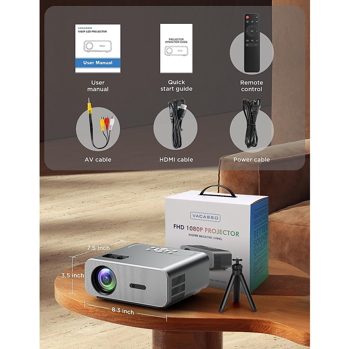 Native 1080P Projector 4K Support, 5G WiFi Bluetooth Portable Projector with Tripod, 11000L Movie Projector, 300" Display Home Projector Compatible with HDMI/TV Stick/iOS/Android/PS5