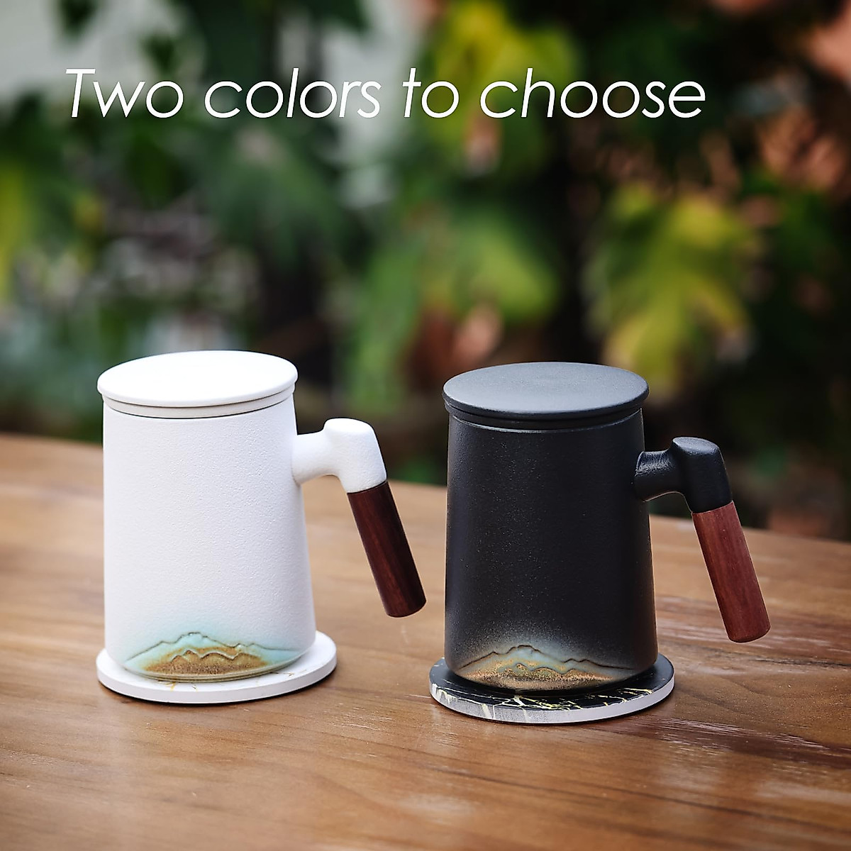 Ochcahser Tea Cup with Infuser and Lid, 15.2 Ounces Artistic Mountain Embossed Ceramic Tea Mug with Absorbent Coaster for Loose Leaf Tea, Ergonomic Bamboo Handle Tea Steeping Mug for Tea Lovers