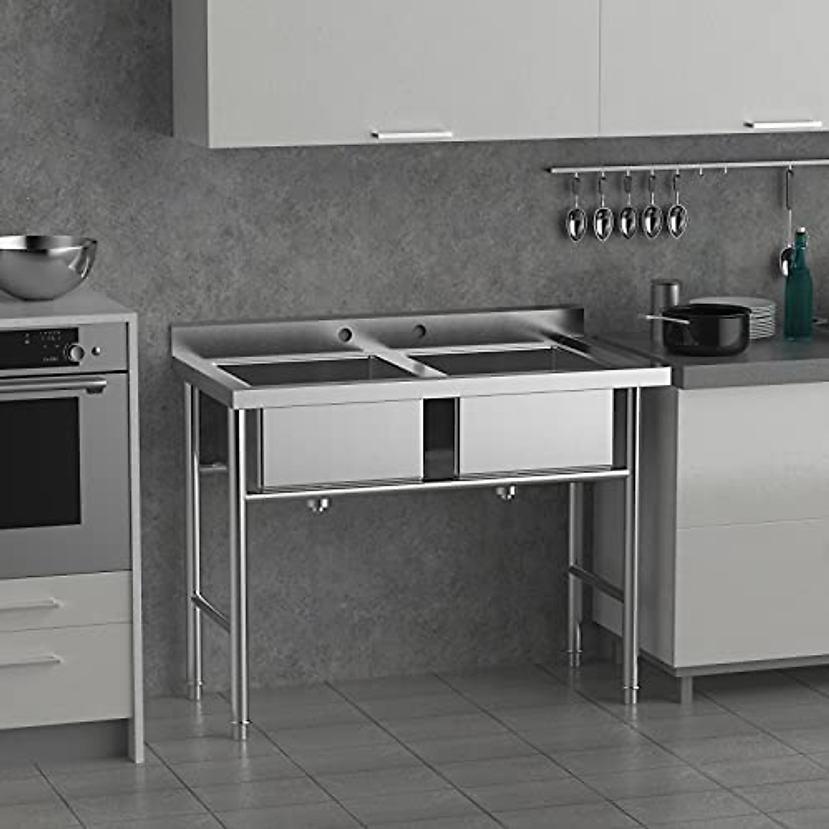 Bonnlo Commercial 304 Stainless Steel Sink 2 Compartment Free Standing Utility Sink for Garage, Restaurant, Kitchen, Laundry Room, Outdoor, 35.8" W x 21.3" D x 40" H