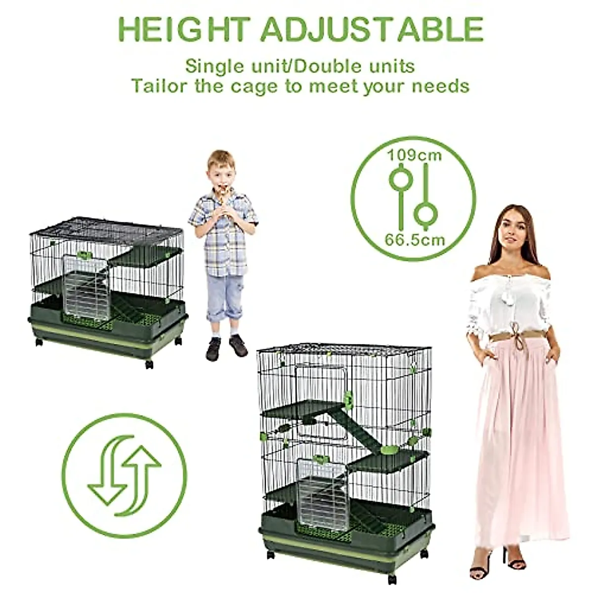4-Tier Animal Metal Cage Small Cat Cage Height Adjustable Rabbits Cage with Lockable Casters, Pull-Out Tray Fits Rabbits, Chinchillas, Ferrets, Guinea Pigs, Squirrels, Hedgehogs (Green)