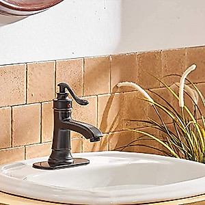 Bathfinesse Oil Rubbed Bronze Bathroom Faucet Single Handle Single Hole Farmhouse Stream Bathroom Sink Faucets & Parts with Pop Up Drain Assembly Vanity Supply Hose Lead-Free