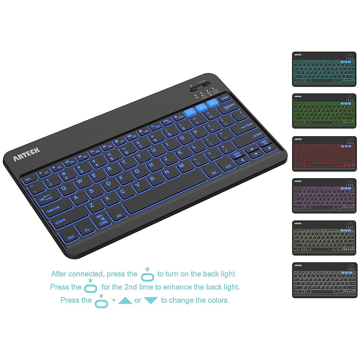 Arteck HB220B Universal Backlit 7-Colors & Adjustable Brightness Multi-Device Slim Portable Wireless Bluetooth 3.0 Keyboard for iOS, Android, Windows Tablet PC Smartphone Built in Rechargeable Battery