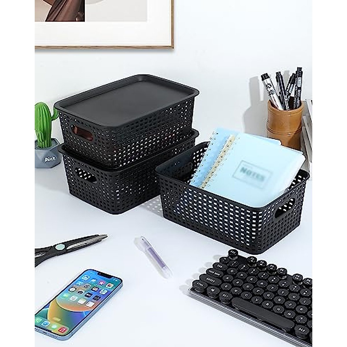 RAXMETRY Plastic Storage Baskets with Lids Pantry Organization and Storage Bins Lidded Container Organizers for Shelves Desktop Drawer Closet Bedroom, Black