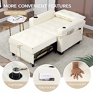 DURASPACE 39 inch Futon Chair Bed Convertible Chair 3-in-1 Pull Out Sleeper Reading Chair Beds with USB, Armchair Sleeper Bed for Living Room, Dorm, Small Space (Off White Faux Leather)