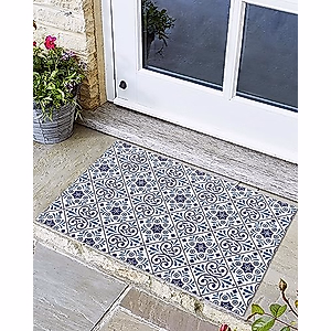 Front Door Mat, Non - Slip Absorbent Door Entry Mats, Doormats Indoor/Outdoor Entrance Small Rugs, Moroccan Vintage Ceramic Tiles Design Floral Forms Doormat - Floor Mats for Home 18x30 Inch