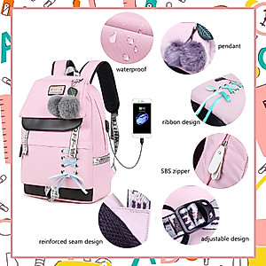 Lmeison Backpack for Girls Kids Schoolbag Children Bookbag Women Casual Daypack Teenage Girls' Backpack Middle School Students Bookbag Outdoor Daypack with USB Charge Port, Pink