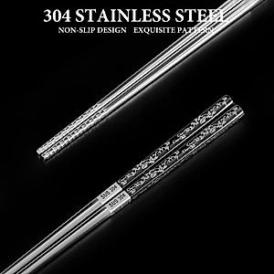 Metal Chopsticks Reusable Chop Sticks 2 Pairs with Holder Non-slip Titanium Plated Stainless Steel Chopsticks Japanese Korean Chopstick Dishwasher Safe Exquisite Pattern MOUGUTOU Gift Set (Black)