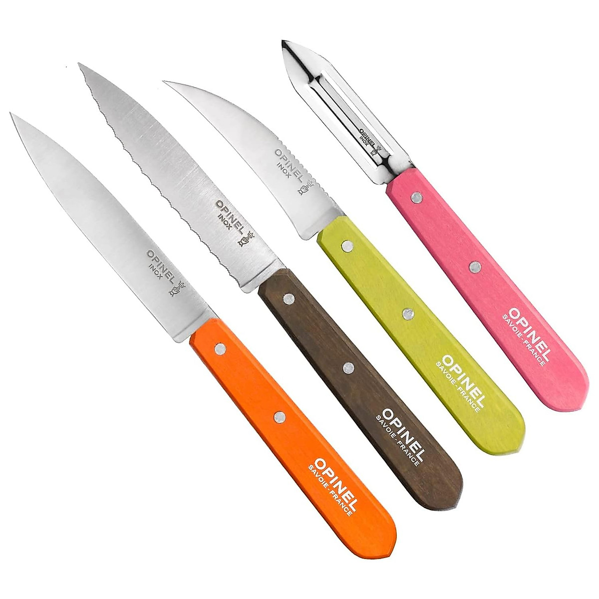 Opinel Les Essentials Small Kitchen 4 Piece Knife Set - Paring Knife, Serrated Knife, Peeler, Vegetable Knife, Corrosion Resistant High Carbon Steel, Made in France (50s)