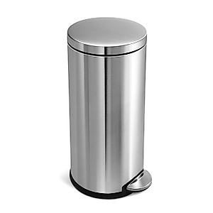 simplehuman 30 Liter / 8 Gallon Round Step Trash Can, Brushed Stainless Steel,15.1 x 12.4 x 25.6 inches