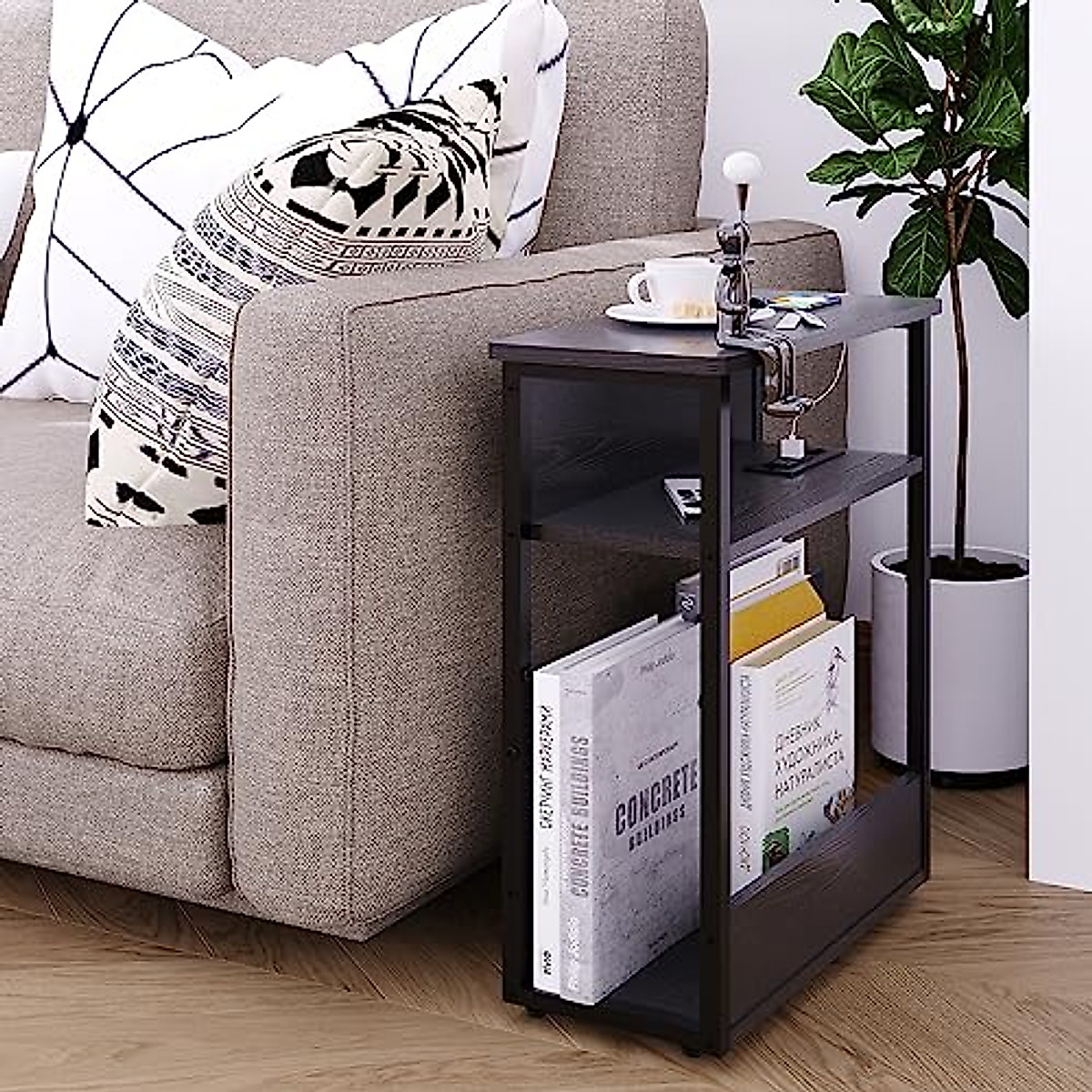 GGWEW Narrow Side Table with Charging Station, 3 Tier Slim End Table for Small Spaces, 23.6 Inch Height Thin Tables with Storage Shelf and Magazine Rack for Living Room, Black